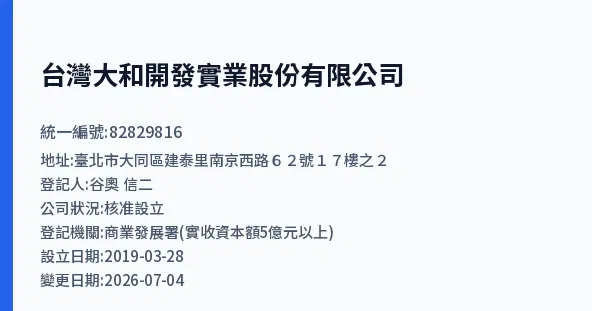 台灣大和開發實業股份有限公司的照片-統編 82829816(臺北市) 公司登記資料與營業項目詳細圖表