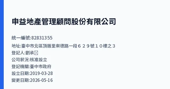 申益地產管理顧問股份有限公司的照片-統編 82831355(臺中市) 公司登記資料與營業項目詳細圖表