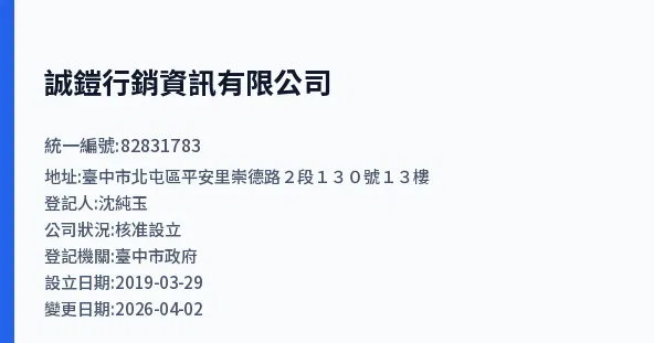 誠鎧行銷資訊有限公司的照片-統編 82831783(臺中市) 公司登記資料與營業項目詳細圖表
