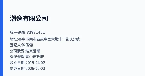 潮逸有限公司的照片-統編 82832452(臺中市) 公司登記資料與營業項目詳細圖表