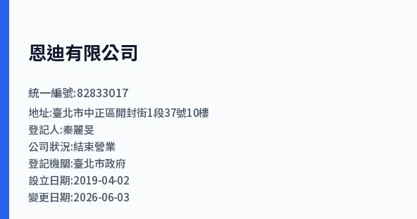 恩迪有限公司的照片-統編 82833017(臺北市) 公司登記資料與營業項目詳細圖表