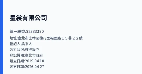 星裳有限公司的照片-統編 82833380(臺北市) 公司登記資料與營業項目詳細圖表