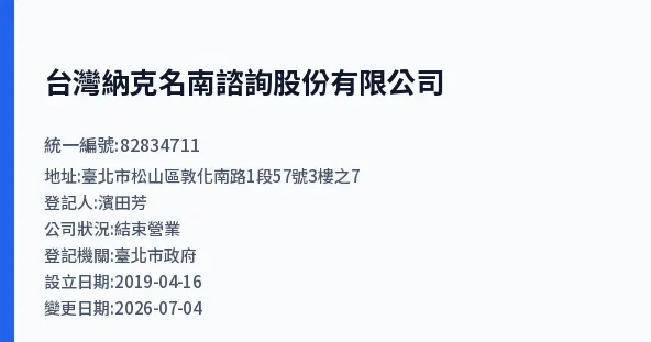台灣納克名南諮詢股份有限公司的照片-統編 82834711(臺北市) 公司登記資料與營業項目詳細圖表