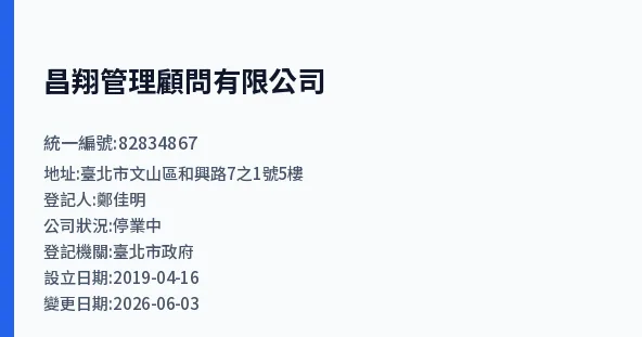 昌翔管理顧問有限公司的照片-統編 82834867(臺北市) 公司登記資料與營業項目詳細圖表