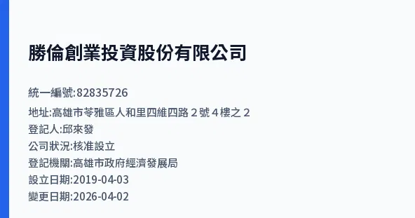 勝倫創業投資股份有限公司的照片-統編 82835726(高雄市) 公司登記資料與營業項目詳細圖表