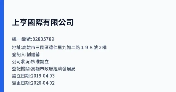 上亨國際有限公司的照片-統編 82835789(高雄市) 公司登記資料與營業項目詳細圖表