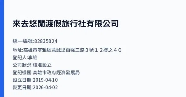 來去悠閒渡假旅行社有限公司的照片-統編 82835824(高雄市) 公司登記資料與營業項目詳細圖表