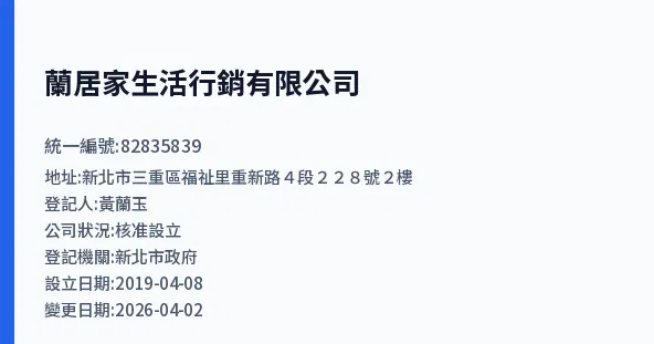 蘭居家生活行銷有限公司的照片-統編 82835839(新北市) 公司登記資料與營業項目詳細圖表