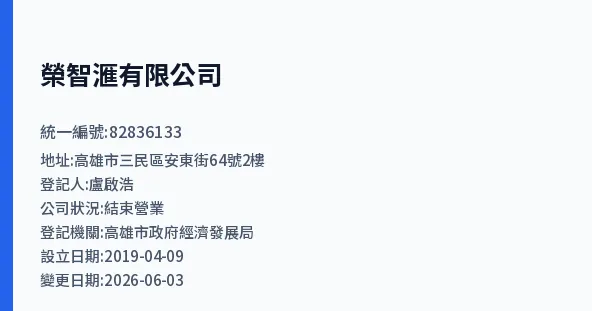榮智滙有限公司的照片-統編 82836133(高雄市) 公司登記資料與營業項目詳細圖表