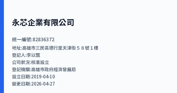 永芯企業有限公司的照片-統編 82836372(高雄市) 公司登記資料與營業項目詳細圖表