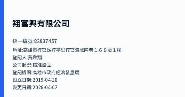 翔富興有限公司的照片-統編 82837457(高雄市) 公司登記資料與營業項目詳細圖表