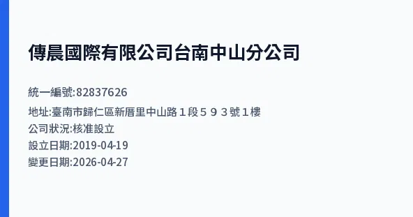 傳晨國際有限公司台南中山分公司的照片-統編 82837626(臺南市) 公司登記資料與營業項目詳細圖表