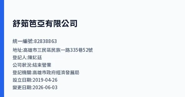 舒筎笆亞有限公司的照片-統編 82838863(高雄市) 公司登記資料與營業項目詳細圖表