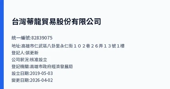 台灣蒂龍貿易股份有限公司的照片-統編 82839075(高雄市) 公司登記資料與營業項目詳細圖表