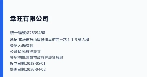 幸旺有限公司的照片-統編 82839498(高雄市) 公司登記資料與營業項目詳細圖表