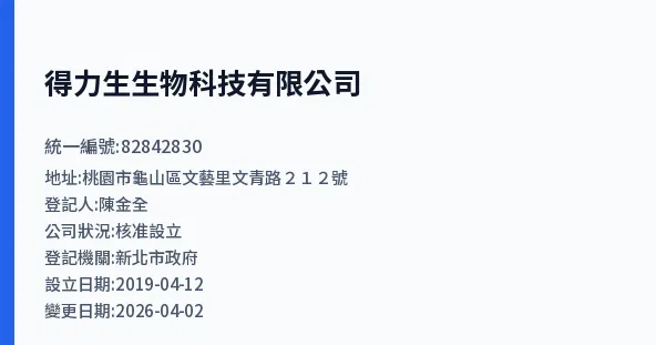 得力生生物科技有限公司的照片-統編 82842830(桃園市) 公司登記資料與營業項目詳細圖表