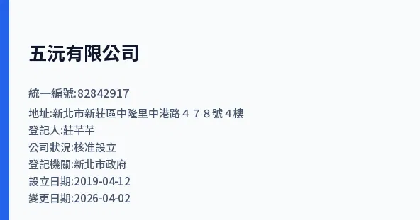五沅有限公司的照片-統編 82842917(新北市) 公司登記資料與營業項目詳細圖表