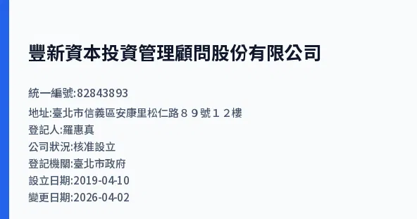 豐新資本投資管理顧問股份有限公司的照片-統編 82843893(臺北市) 公司登記資料與營業項目詳細圖表