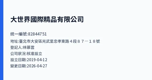 大世界國際精品有限公司的照片-統編 82844751(臺北市) 公司登記資料與營業項目詳細圖表