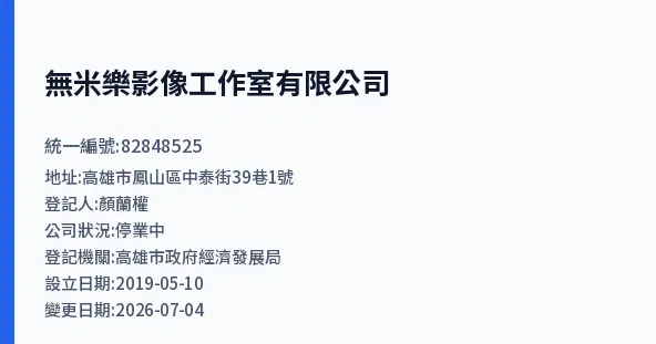 無米樂影像工作室有限公司的照片-統編 82848525(高雄市) 公司登記資料與營業項目詳細圖表