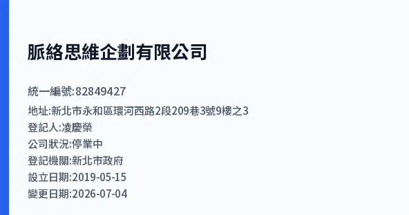 脈絡思維企劃有限公司的照片-統編 82849427(新北市) 公司登記資料與營業項目詳細圖表