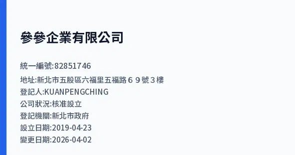 參參企業有限公司的照片-統編 82851746(新北市) 公司登記資料與營業項目詳細圖表