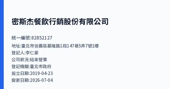 密斯杰餐飲行銷股份有限公司的照片-統編 82852127(臺北市) 公司登記資料與營業項目詳細圖表