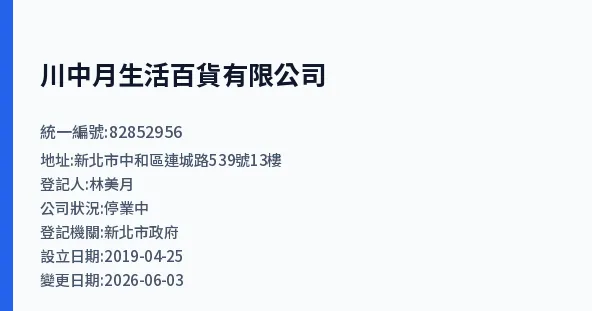 川中月生活百貨有限公司的照片-統編 82852956(新北市) 公司登記資料與營業項目詳細圖表