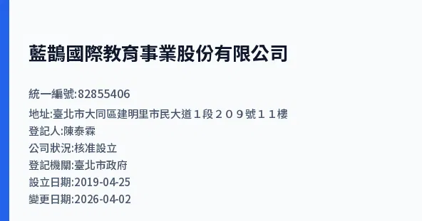 藍鵲國際教育事業股份有限公司的照片-統編 82855406(臺北市) 公司登記資料與營業項目詳細圖表