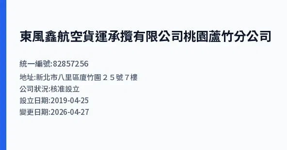 東風鑫航空貨運承攬有限公司桃園蘆竹分公司的照片-統編 82857256(新北市) 公司登記資料與營業項目詳細圖表