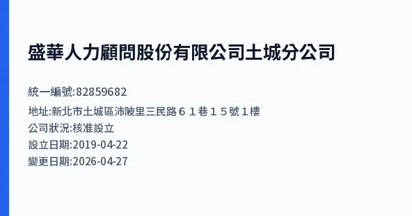 盛華人力顧問股份有限公司土城分公司的照片-統編 82859682(新北市) 公司登記資料與營業項目詳細圖表