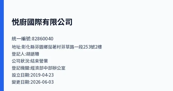 悦廚國際有限公司的照片-統編 82860040(彰化縣) 公司登記資料與營業項目詳細圖表