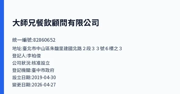 大師兄餐飲顧問有限公司的照片-統編 82860652(臺北市) 公司登記資料與營業項目詳細圖表