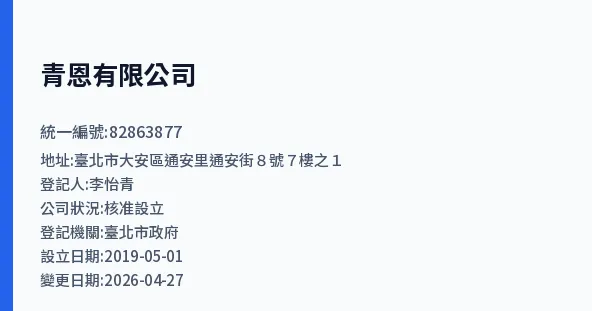 青恩有限公司的照片-統編 82863877(臺北市) 公司登記資料與營業項目詳細圖表