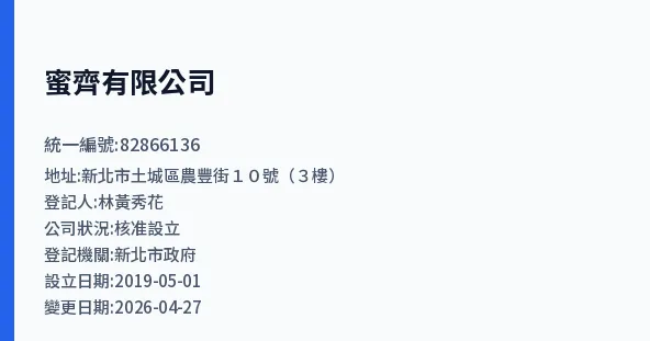 蜜齊有限公司的照片-統編 82866136(新北市) 公司登記資料與營業項目詳細圖表