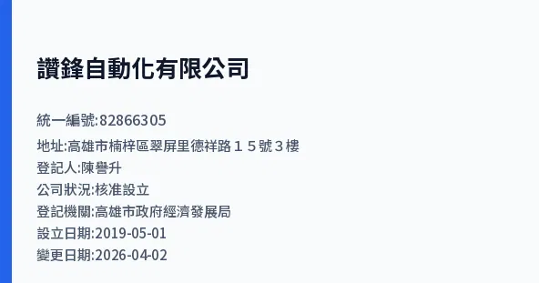 讚鋒自動化有限公司的照片-統編 82866305(高雄市) 公司登記資料與營業項目詳細圖表