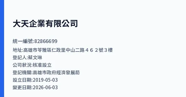 大天企業有限公司的照片-統編 82866699(高雄市) 公司登記資料與營業項目詳細圖表