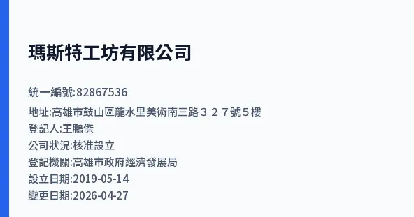 瑪斯特工坊有限公司的照片-統編 82867536(高雄市) 公司登記資料與營業項目詳細圖表