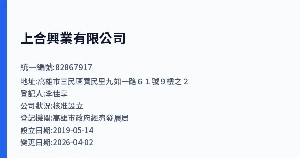 上合興業有限公司的照片-統編 82867917(高雄市) 公司登記資料與營業項目詳細圖表