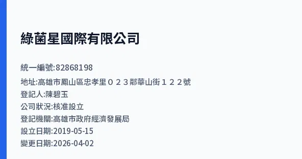 綠菌星國際有限公司的照片-統編 82868198(高雄市) 公司登記資料與營業項目詳細圖表