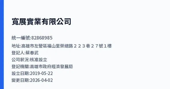 寬展實業有限公司的照片-統編 82868985(高雄市) 公司登記資料與營業項目詳細圖表