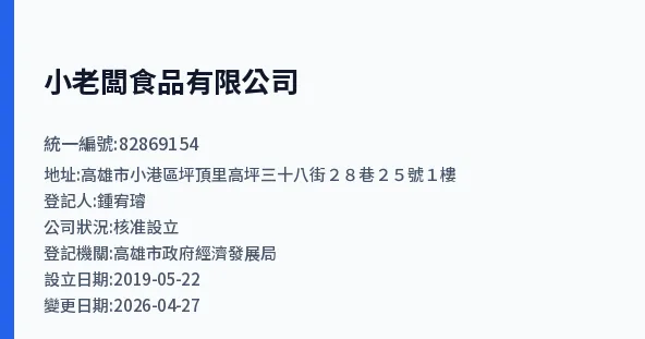 小老闆食品有限公司的照片-統編 82869154(高雄市) 公司登記資料與營業項目詳細圖表