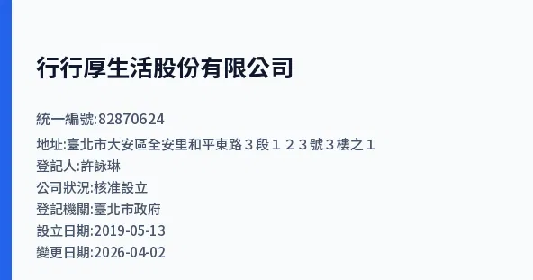 行行厚生活股份有限公司的照片-統編 82870624(臺北市) 公司登記資料與營業項目詳細圖表