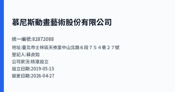慕尼斯動畫藝術股份有限公司的照片-統編 82872088(臺北市) 公司登記資料與營業項目詳細圖表