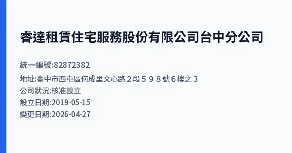 睿達租賃住宅服務股份有限公司台中分公司的照片-統編 82872382(臺中市) 公司登記資料與營業項目詳細圖表