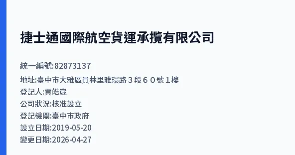 捷士通國際航空貨運承攬有限公司的照片-統編 82873137(臺中市) 公司登記資料與營業項目詳細圖表