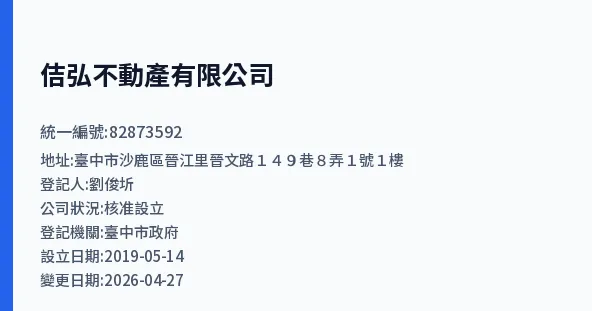 佶弘不動產有限公司的照片-統編 82873592(臺中市) 公司登記資料與營業項目詳細圖表