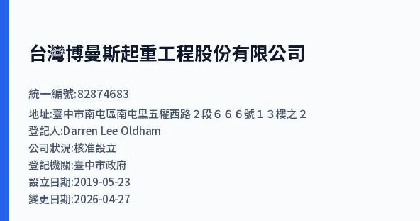 台灣博曼斯起重工程股份有限公司的照片-統編 82874683(臺中市) 公司登記資料與營業項目詳細圖表