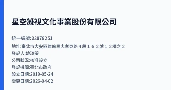 星空凝視文化事業股份有限公司的照片-統編 82878251(臺北市) 公司登記資料與營業項目詳細圖表