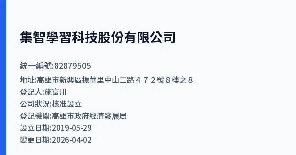 集智學習科技股份有限公司的照片-統編 82879505(高雄市) 公司登記資料與營業項目詳細圖表